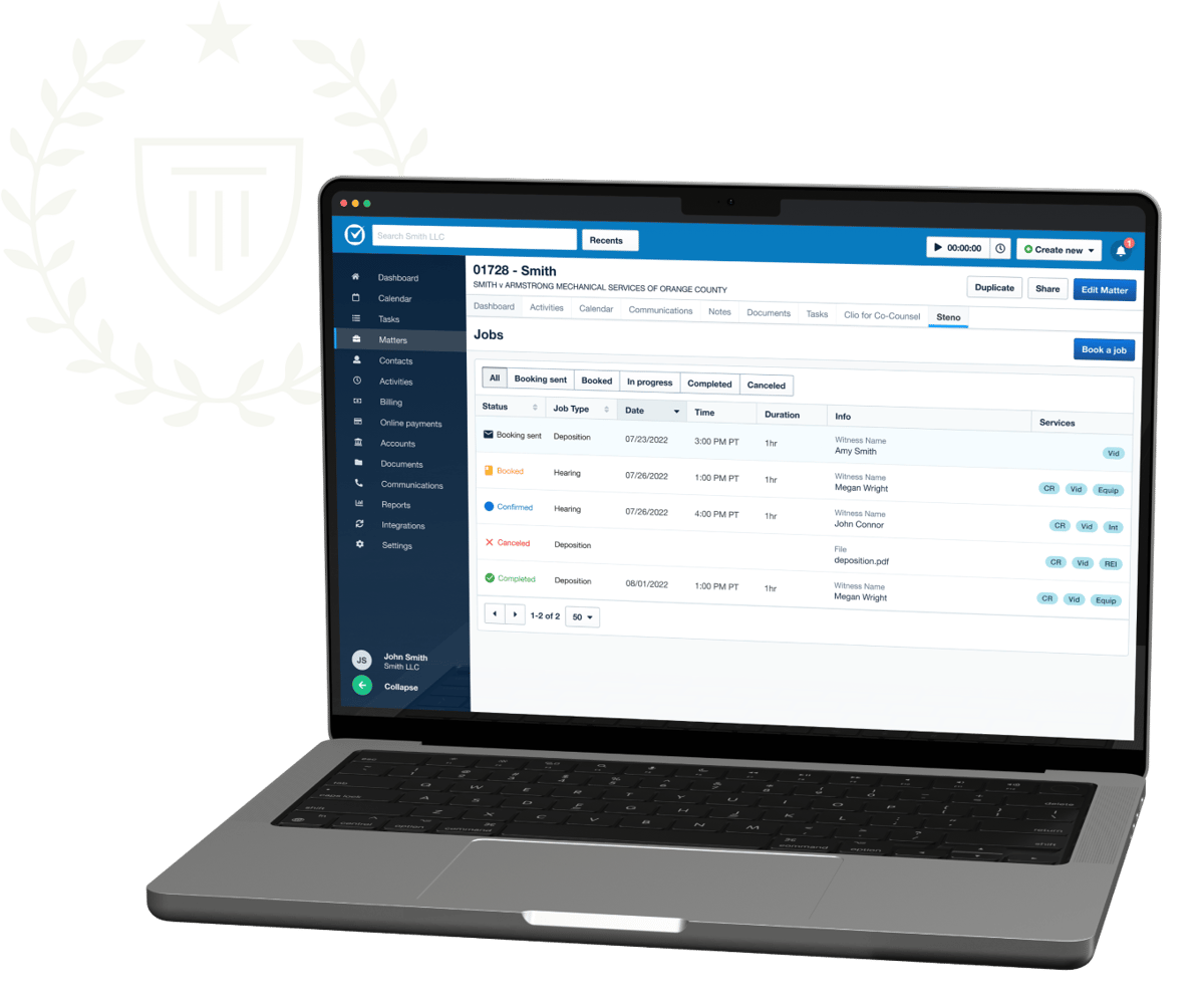 Stenos Clio Integration Easily Book Court Reporting Services